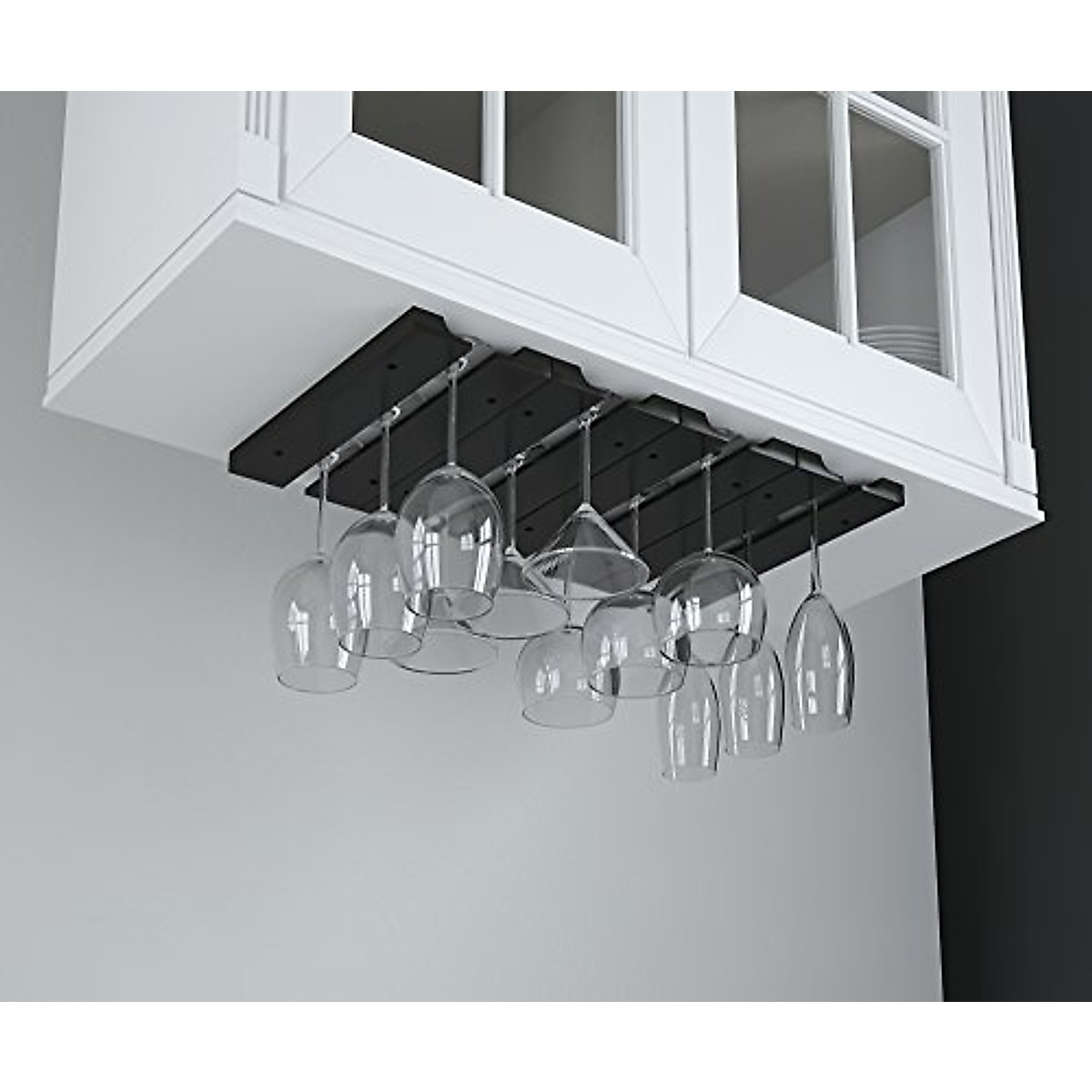 Rustic State 4 Sectional Adjustable Under Cabinet Mount Wood Stemware Rack Hanging Shelf Glassware Holder Bar Organizer with up to 12 Wine Glass Storage 12 Inch Deep Black