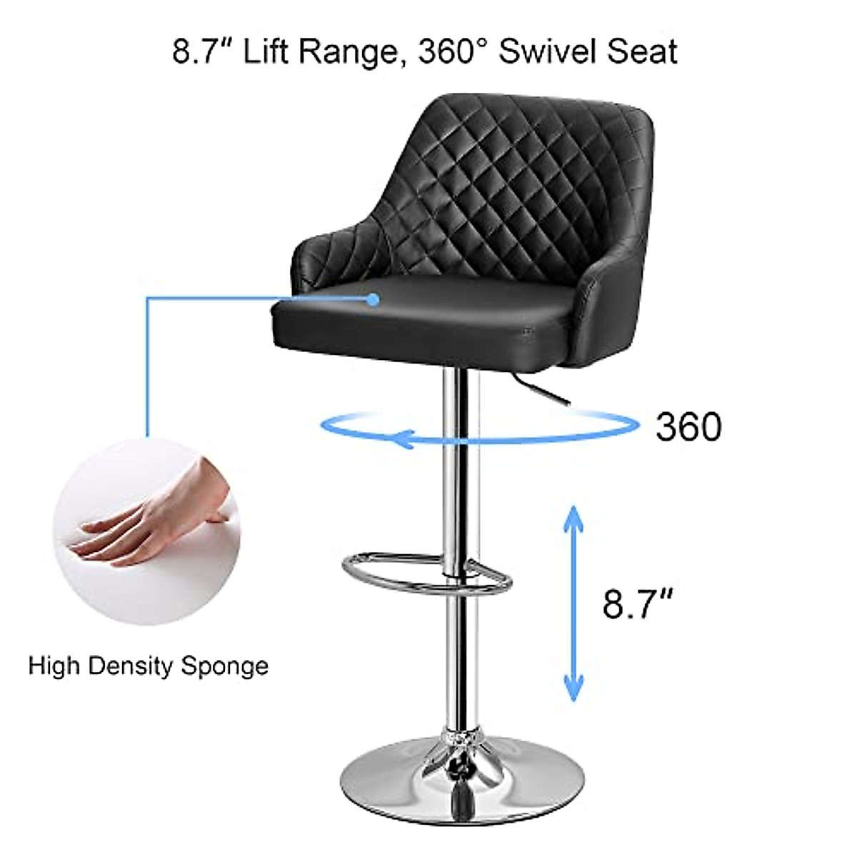 VECELO Adjustable Bar Stools with Back, Bar Height Stools for Kitchen Counter, Bar Stools Set of 2, Black