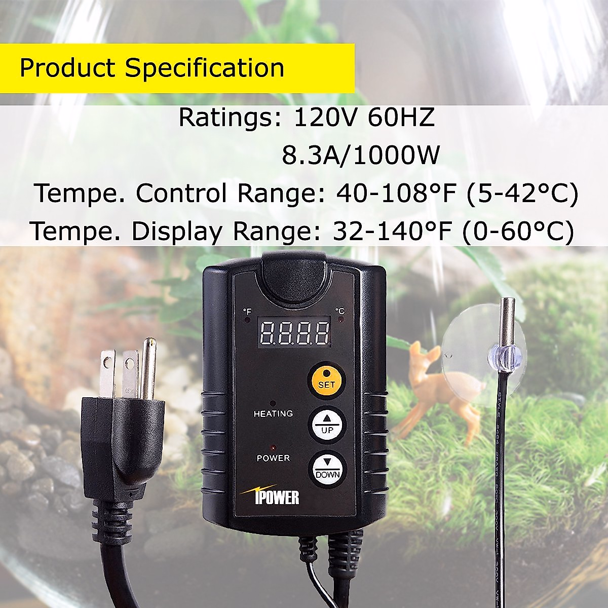 iPower GLHTMTCONTROL 40-108 Degrees Fahrenheit Digital Heat Mat Thermostat Controller for Seed Rooting Germination Reptiles, Fermentation and Brewing, 1000W-Black, Black