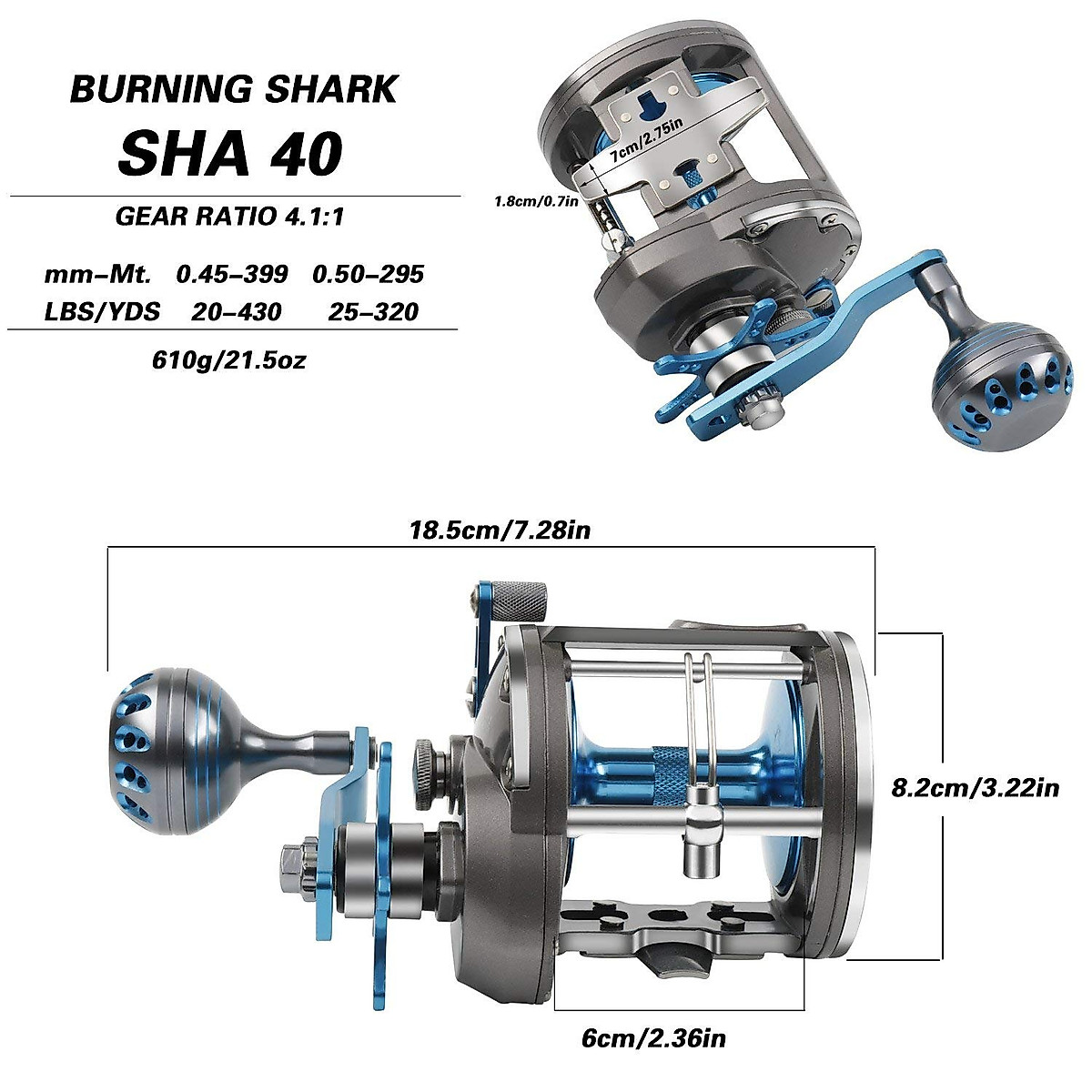 Burning Shark Trolling Reel Saltwater Level Wind Reels, Drag Reels Boat Fishing Ocean Fishing for Sea Bass Grouper Salmon-SHA40