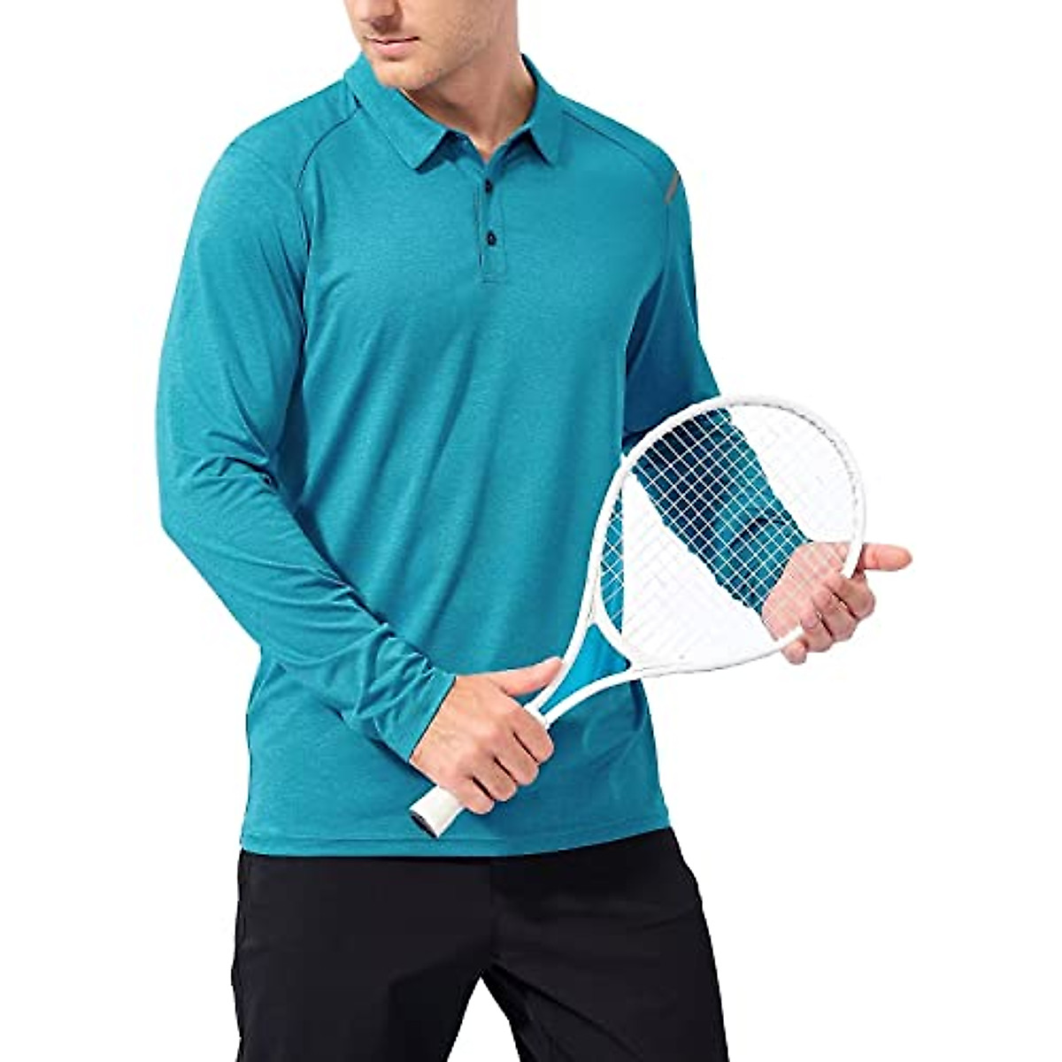 marami Mens Polo Long Sleeve - UPF Quick Dry Fishing Running Tennis Outdoor Classic Collared Golf Shirt Lake Blue Size XL