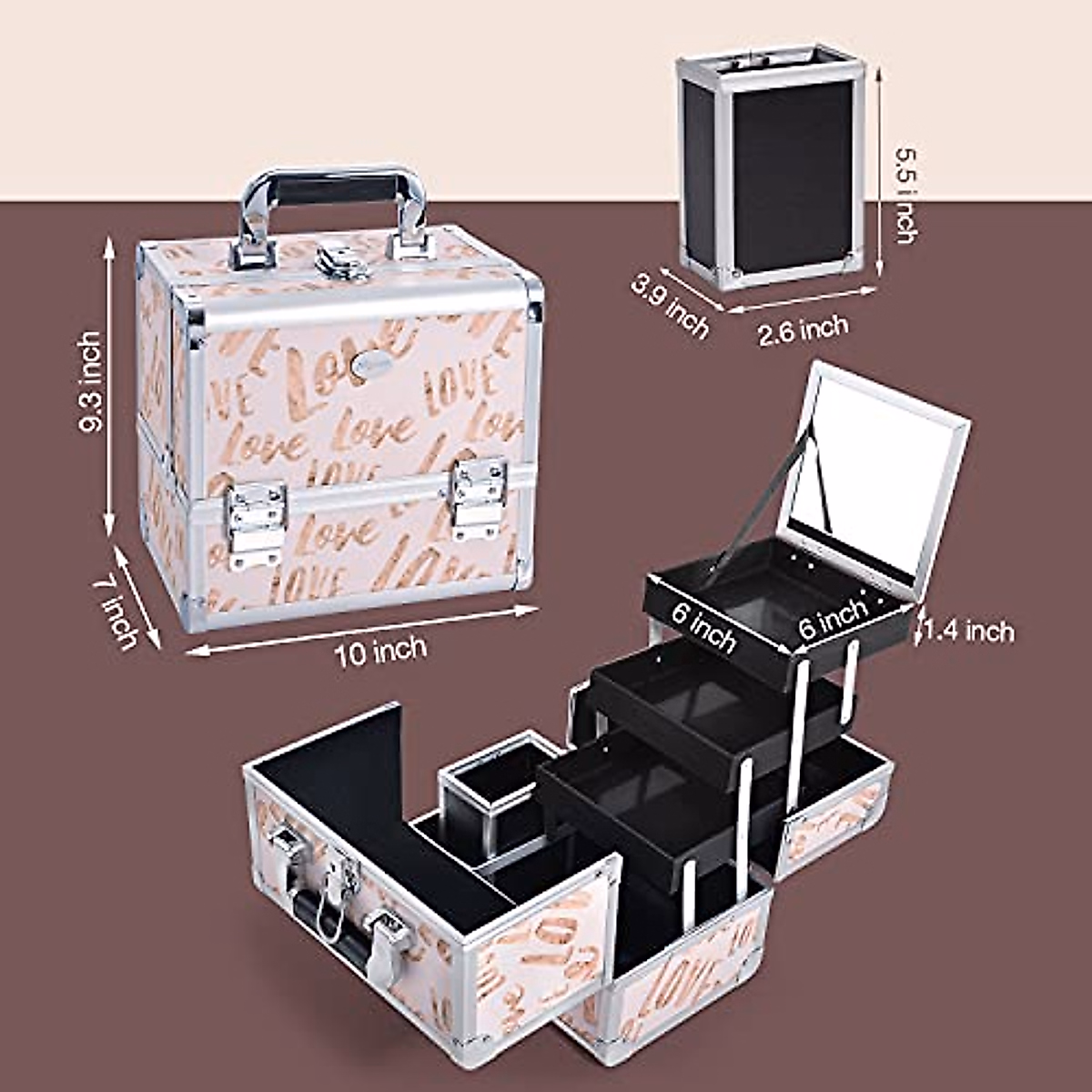 Joligrace Makeup Train Case Makeup Box Organizer Lockable with 3 Trays Portable Cosmetic Storage Case with Brush Holder & Mirror, Makeup Artist Travel Case Craft Case for Make-up or Nail Supplies