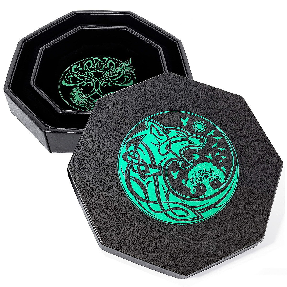 DND Dice Tray - Premium 8 Inch Tray for Dungeons and Dragons: Exquisitely Detailed Green World Tree & Wolf Raven Design - Perfect Rolling & Box Storage to Protect Your Dice for D&D and RPG