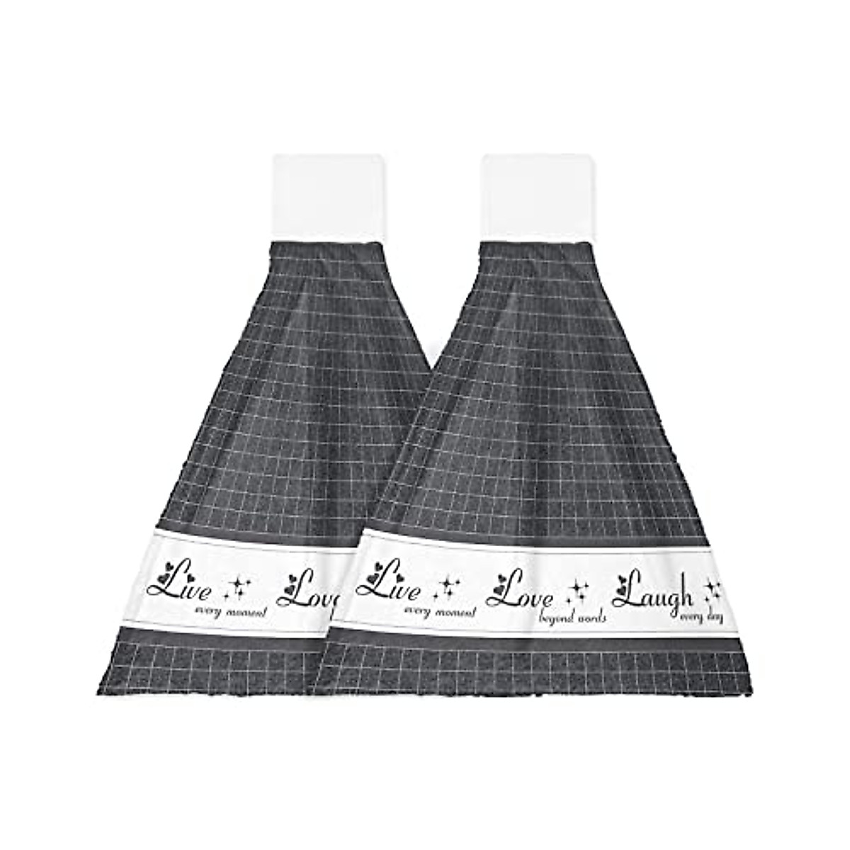 2 Pack Hanging Kitchen Hand Towels, Live Love Laugh Grey Hand Tie Towels with Hanging Loop, Gray Checkered Wall Art Modern Soft Absorbent Towels Set for Bathroom and Kitchen