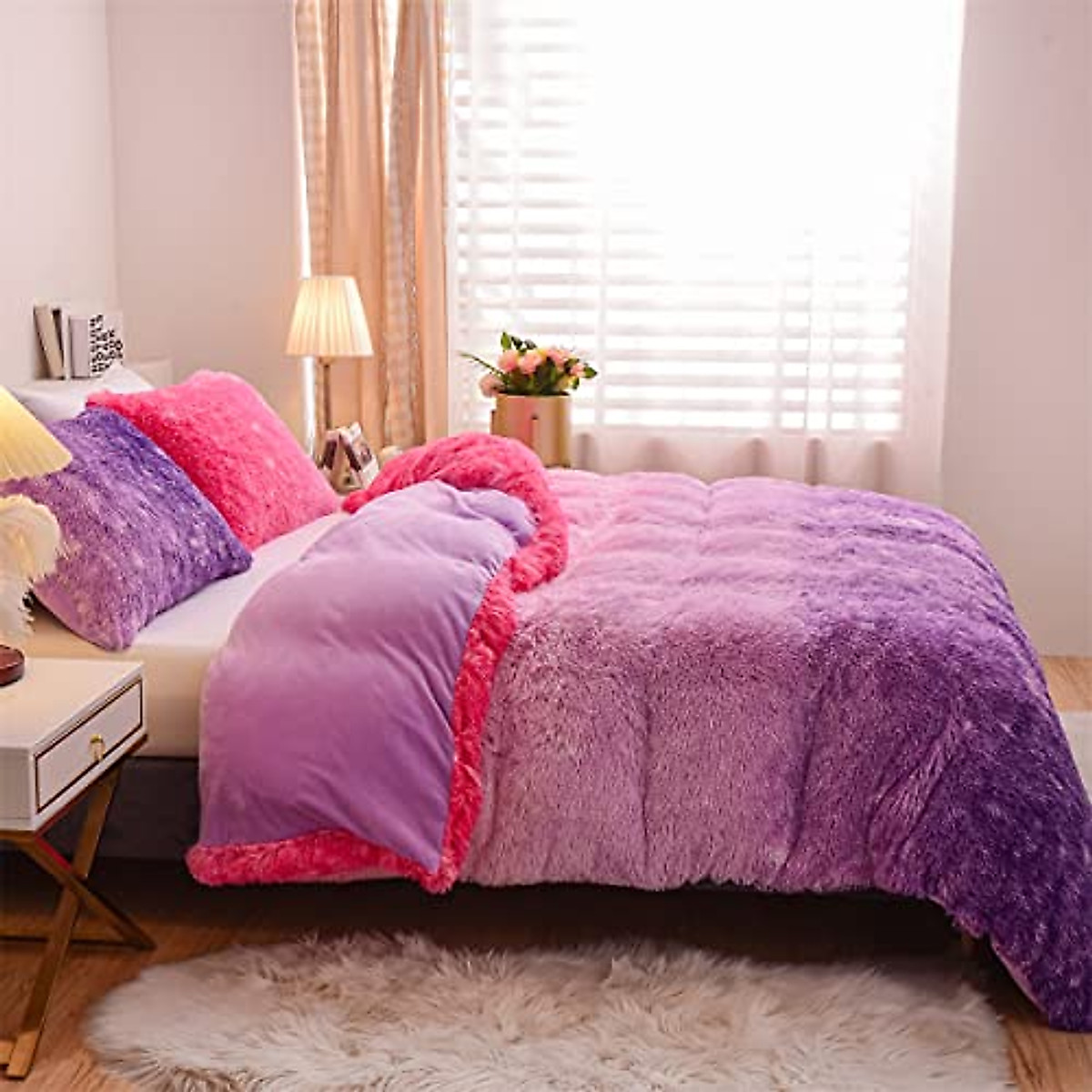 Holawakaka Pink Purple Ombre Stars Shaggy Fuzzy Duvet Cover Set Queen Size Faux Fur Bedding Sets (Pink Purple, Queen)