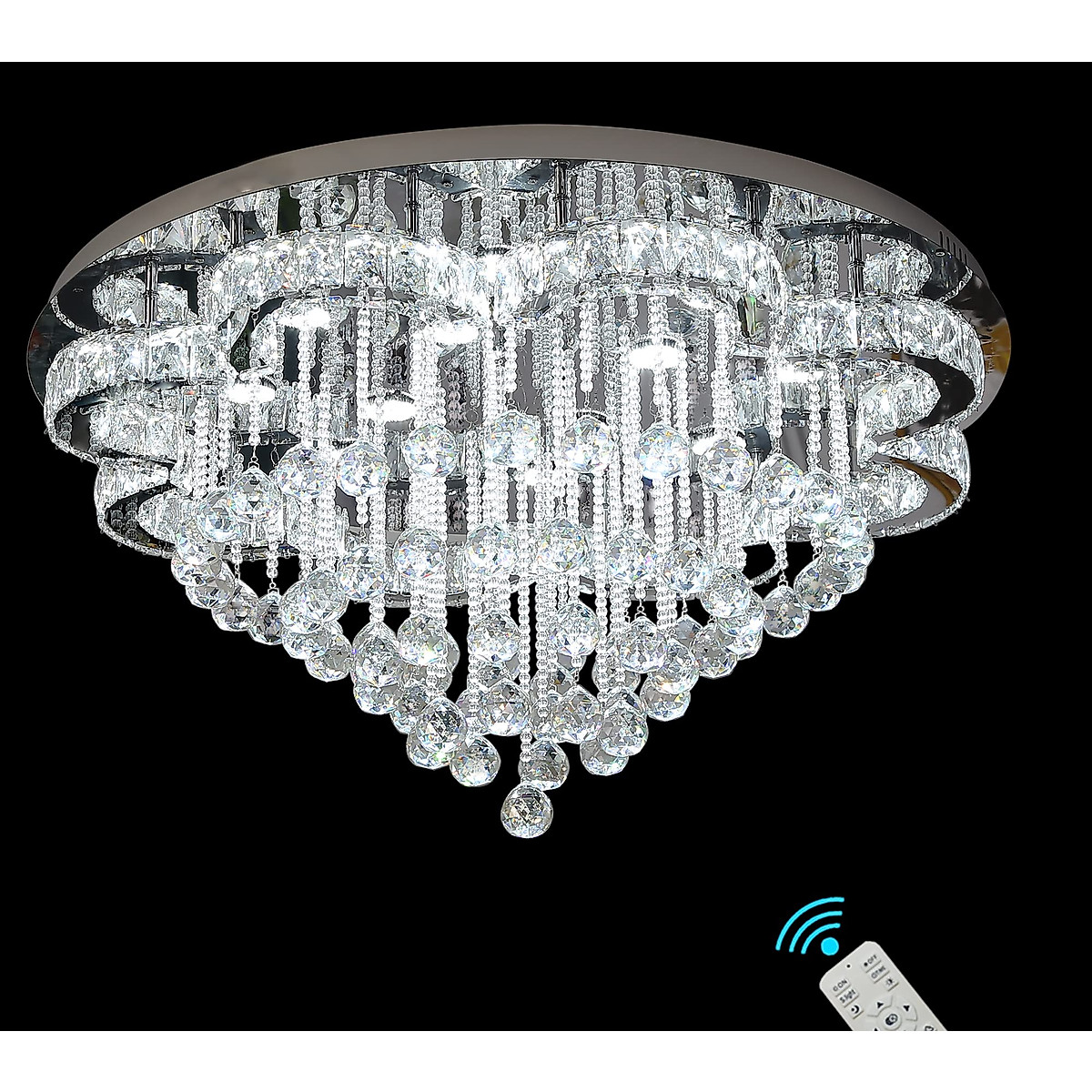 W32inches Modern Raindrop Crystal Chandeliers Flush Mount Ceiling Chandeliers for High Ceiling Entrance Foyer Bedroom Dining Room Living Room LED Dimming 2700k 4500k 6000k Contemporary Chandelier