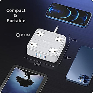 SUPERDANNY Power Strip Surge Protector with 3 USB Ports, 8 Widely Spaced Outlets, Flat Plug, 5 Ft Extension Cord, 1050 Joules, Wall Mount, Compact Size Space Save, Stylish Brushed Finish, White