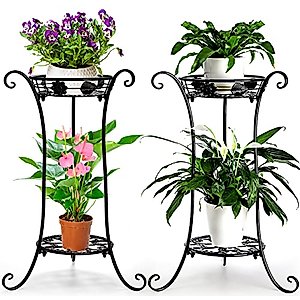 Yesland 2 Pack Metal Plant Stand Indoor Outdoor, 2 Tier Black Iron Flower Plant Stand 26 Inches Detachable Tall Modern Plant Shelf Holder for Corner, Patio, Living Room, Garden