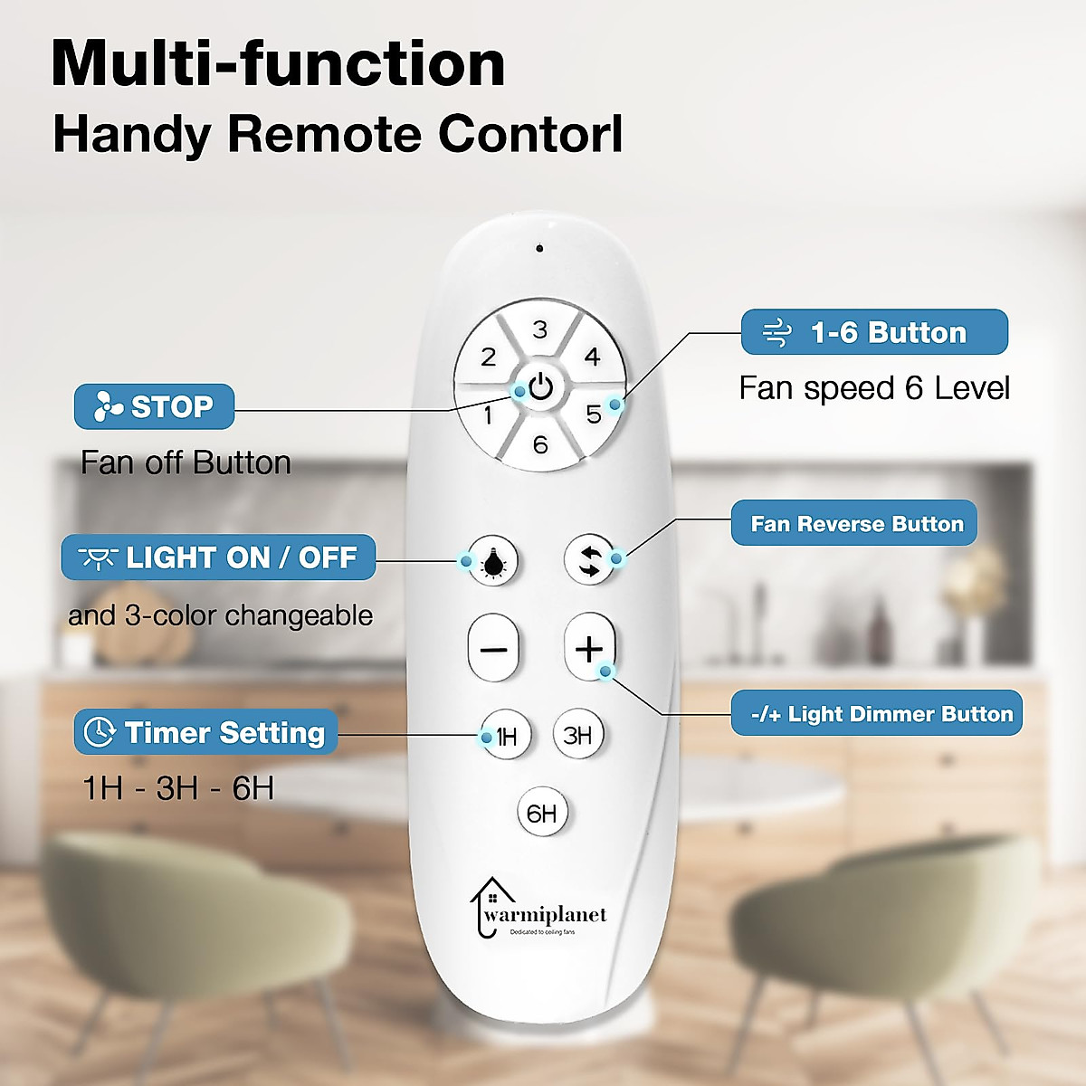 warmiplanet Ceiling Fan with Lights Remote Control, 42-Inch, DC Motor, 6 Speed, Dimmable LED Light, Black, 3-Blades