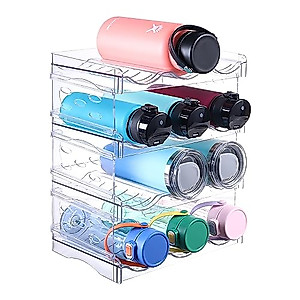 MAGIWARE Water Bottle Organizer, Stackable Bottle Storage Holder Wine Rack, Fashion Cabinet Pantry Kitchen Fridge Organizer for Bottle Mug Tumbler Drink (4 Tier, Clear)