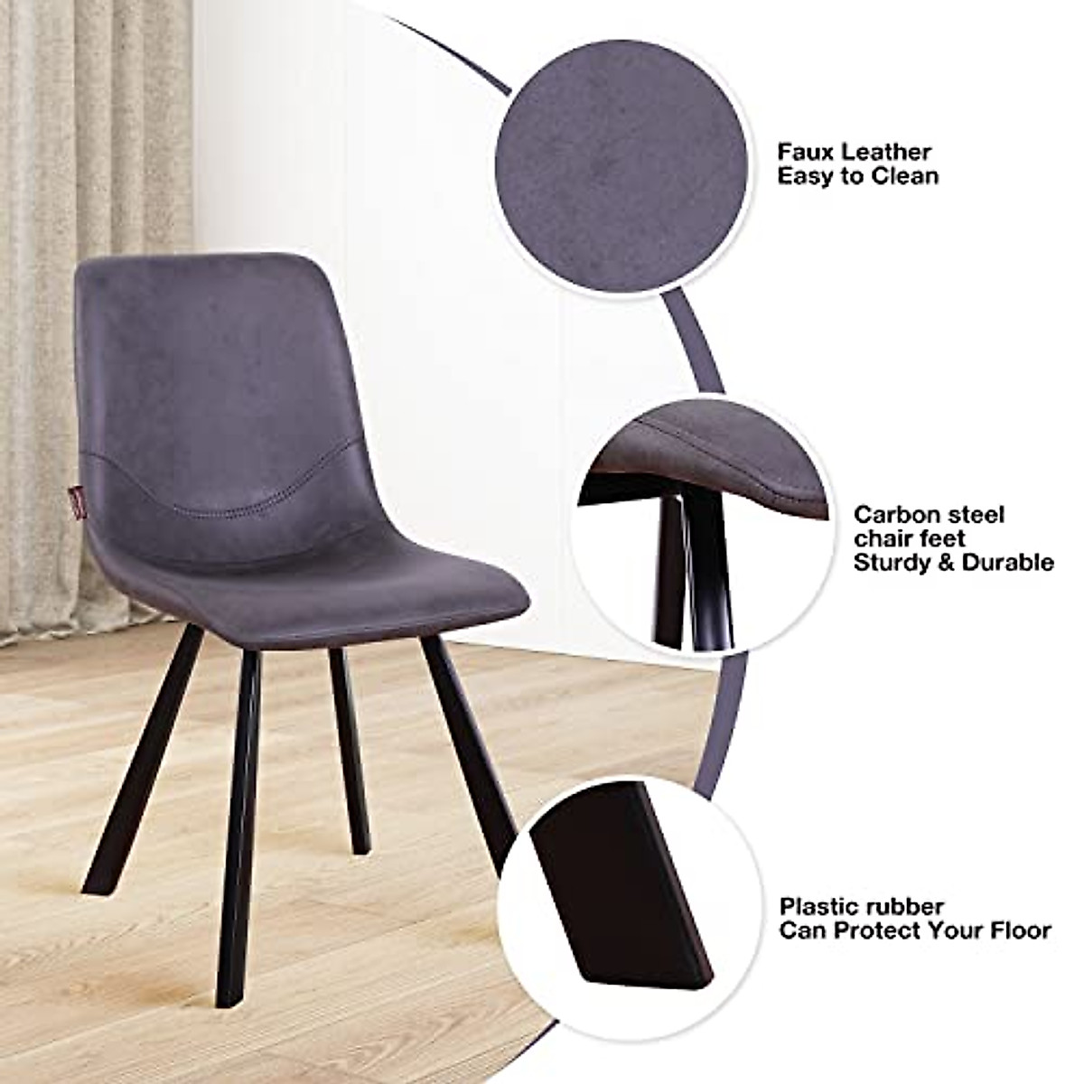 GURLLEU Leather Dining Chairs Set of 4 with Metal Legs, Modern Industrial Kitchen Dining Room Chair, Upholstered Backrest Seat Chairs for Home Kitchen/Living Room, Bedroom, Gray