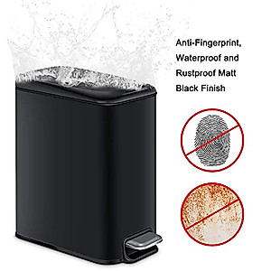 H+LUX Slim Small Bathroom Trash Can with Lid Soft Close,Black Small Trash can for Bathroom Bedroom Office with Removable Inner Wastebasket, Rectangular Foot Pedal Trash Bin, 5L/1.3Gal