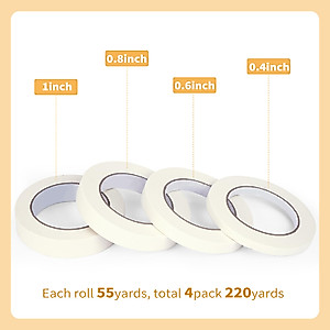 4 Pack Masking Tape, White Painters Tape, 55yds Each Artist Tape for Wall, Painting, Home, Office, School Stationery, Arts, Crafts 0.4" 0.6" 0.8” 1” x 55yds, 220 Yard in Total