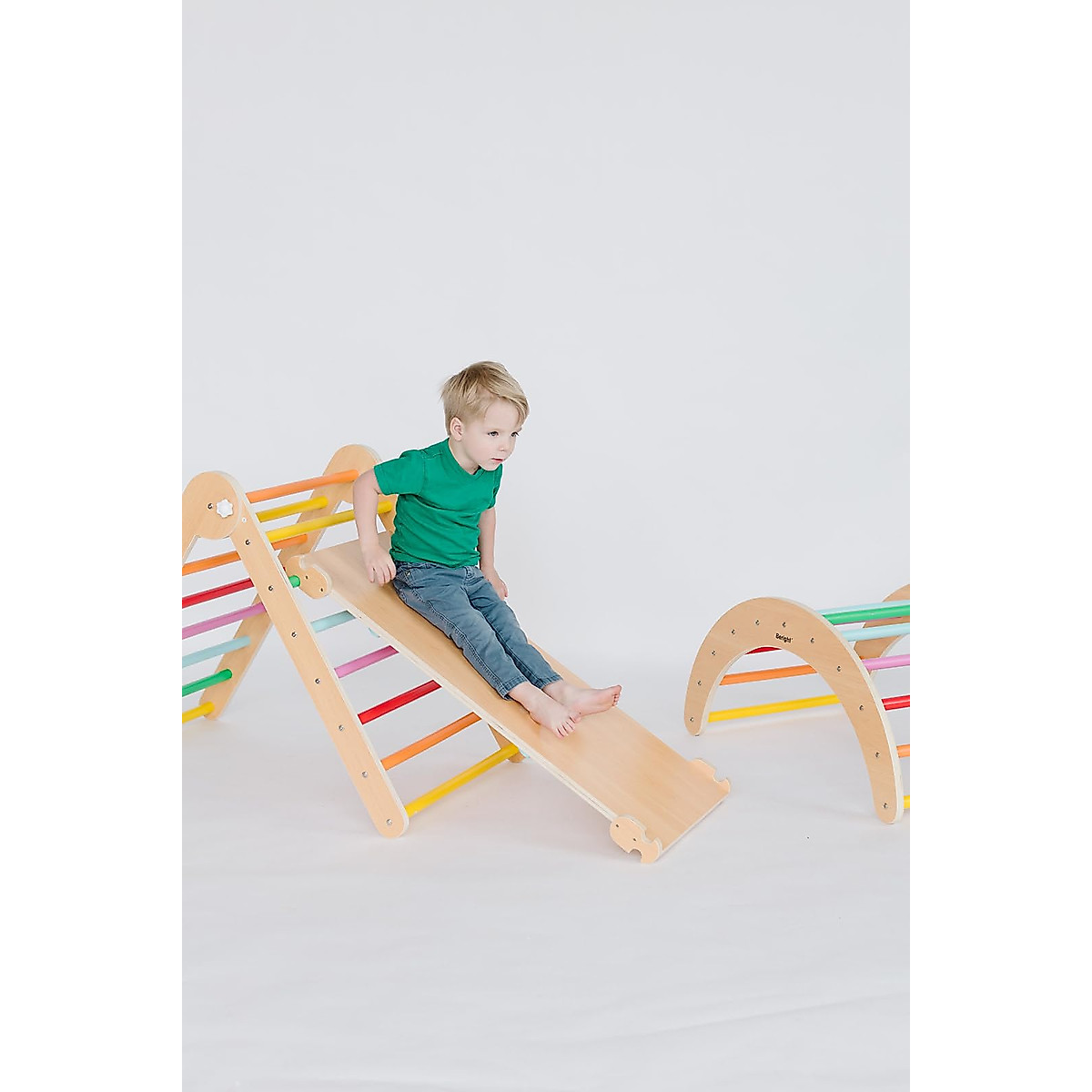 Beright 4 in 1 Pikler Triangle Gym, Montessori Foldable Climber with Ramp, Indoor Climbing Toys for Kids, Climbing Triangle for Toddlers Arch Climber, Rocker, Learning Waldorf Children Toy, Rainbow