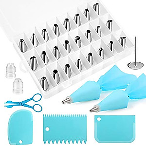 Kincown Piping Bags and Tips Set, 33pcs Frosting Piping Kit with 24 Stainless Steel Piping Tips, 2 Reusable Silicone Pastry Bags, 2 Couplers and 3 Icing Smoother, Piping Tips Set with Storage Case