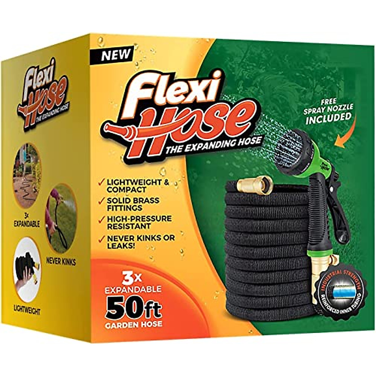 Flexi Hose with 8 Function Nozzle Expandable Garden Hose 50 ft, Lightweight & No-Kink Flexible Extendable Garden Flex Hose, 3/4 inch Solid Brass Fittings and Double Latex Core, 50ft Black