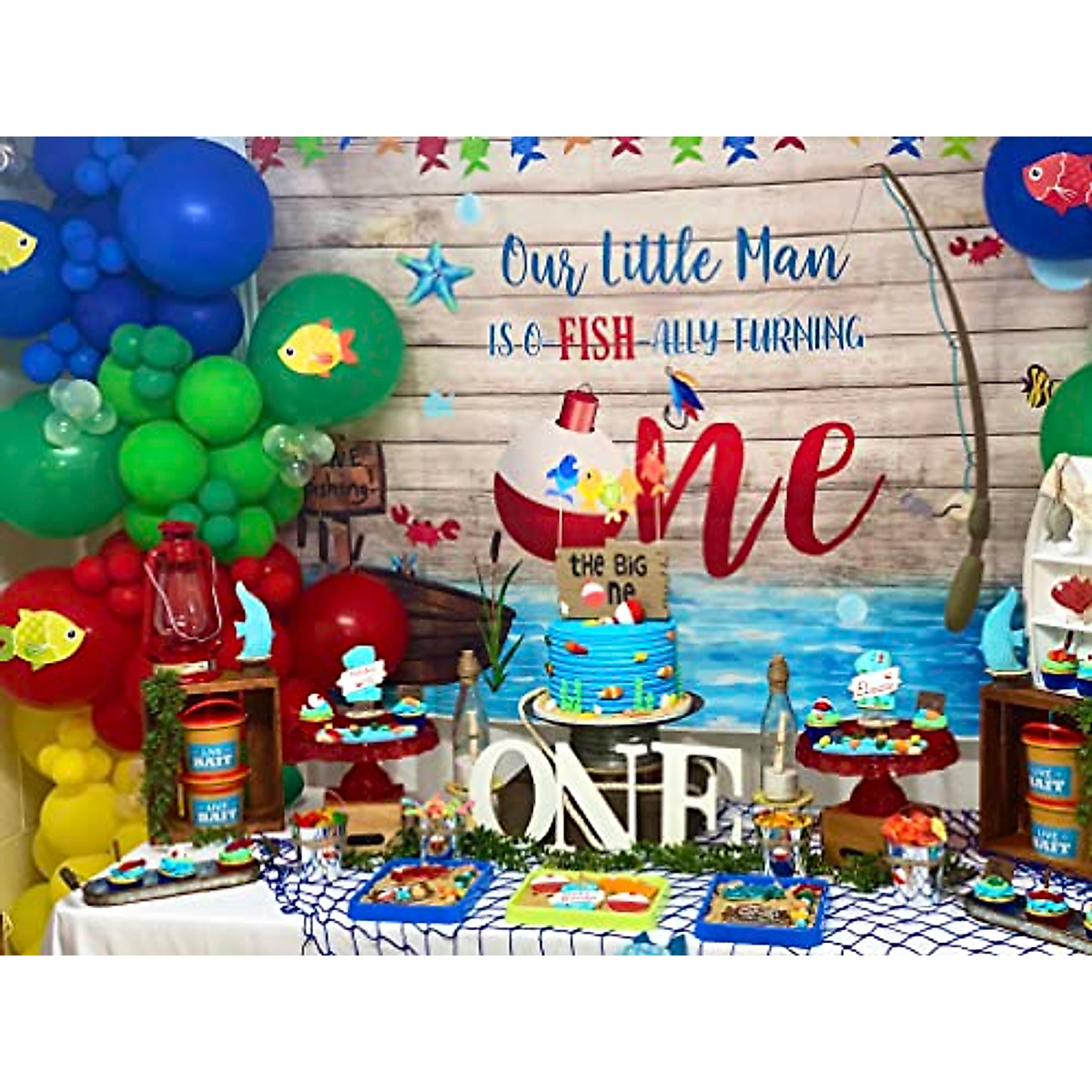 Mocsicka Gone Fishing Birthday Party Backdrop O-Fish-Ally 1st Birthday Party Decoration for Boy Rustic Wooden Cake Smash Photography Background (7x5ft)