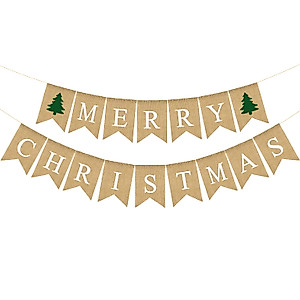 Cmaone Merry Christmas Burlap Banner Xmas Tree Rustic Vintage Christmas Bunting Garland for Xmas Party Supplies Home and Outdoor Holiday Decor