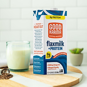 Good Karma Vanilla Flaxmilk +Protein, 32 Ounce (Pack of 6), 8g Plant Protein + 1200mg Omega-3 Per Serving, Plant-Based Non-Dairy Milk Alternative, Lactose Free, Nut Free, Vegan, Shelf Stable