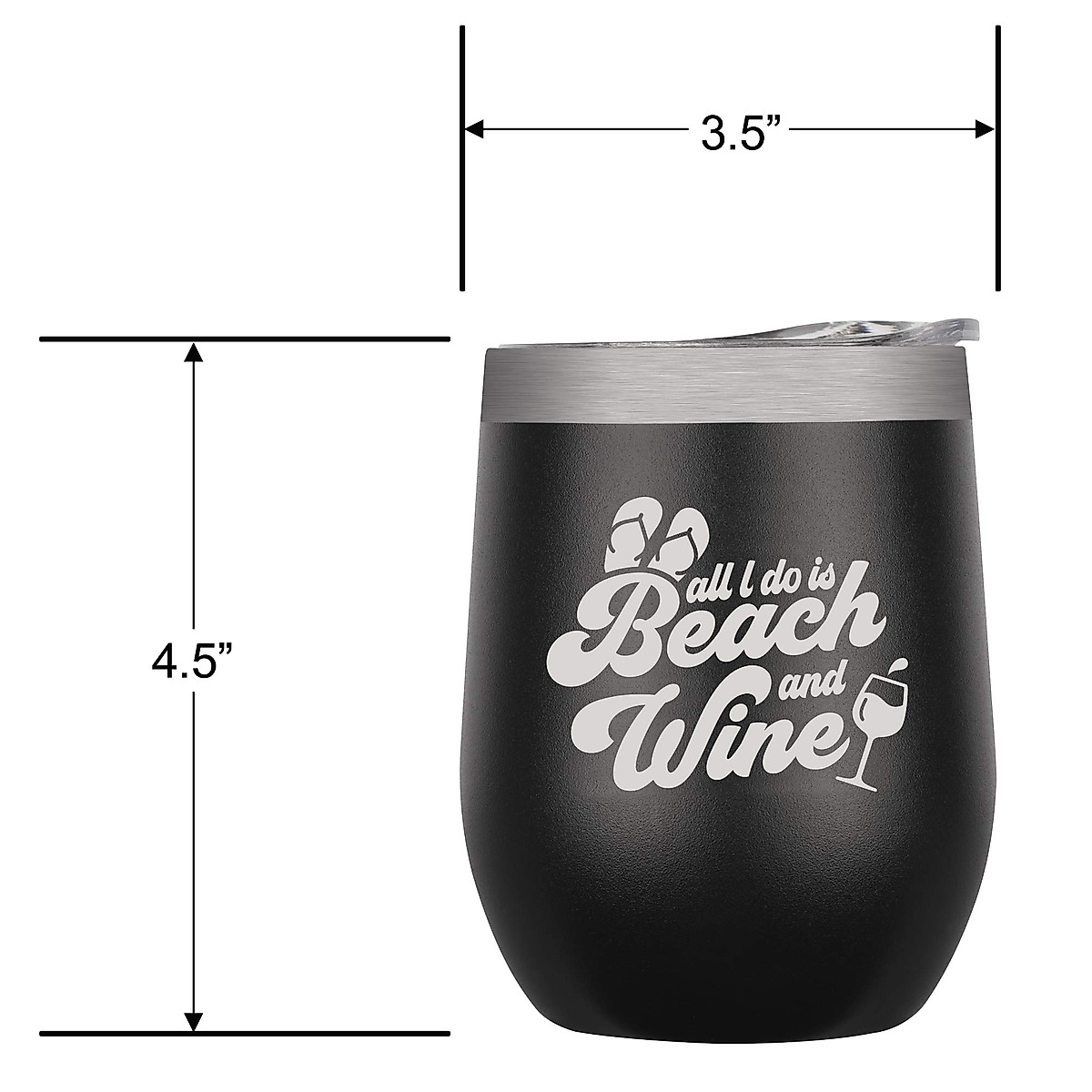 Chris's Stuff 12 oz Wine Tumbler - Iced Coffee Mug with Splash-Proof Lid Stainless Steel Double Wall Vacuum Insulated with Inner Layer Copper Keep Drinks Cold/Hot - Quote: Beach and Wine (Black)