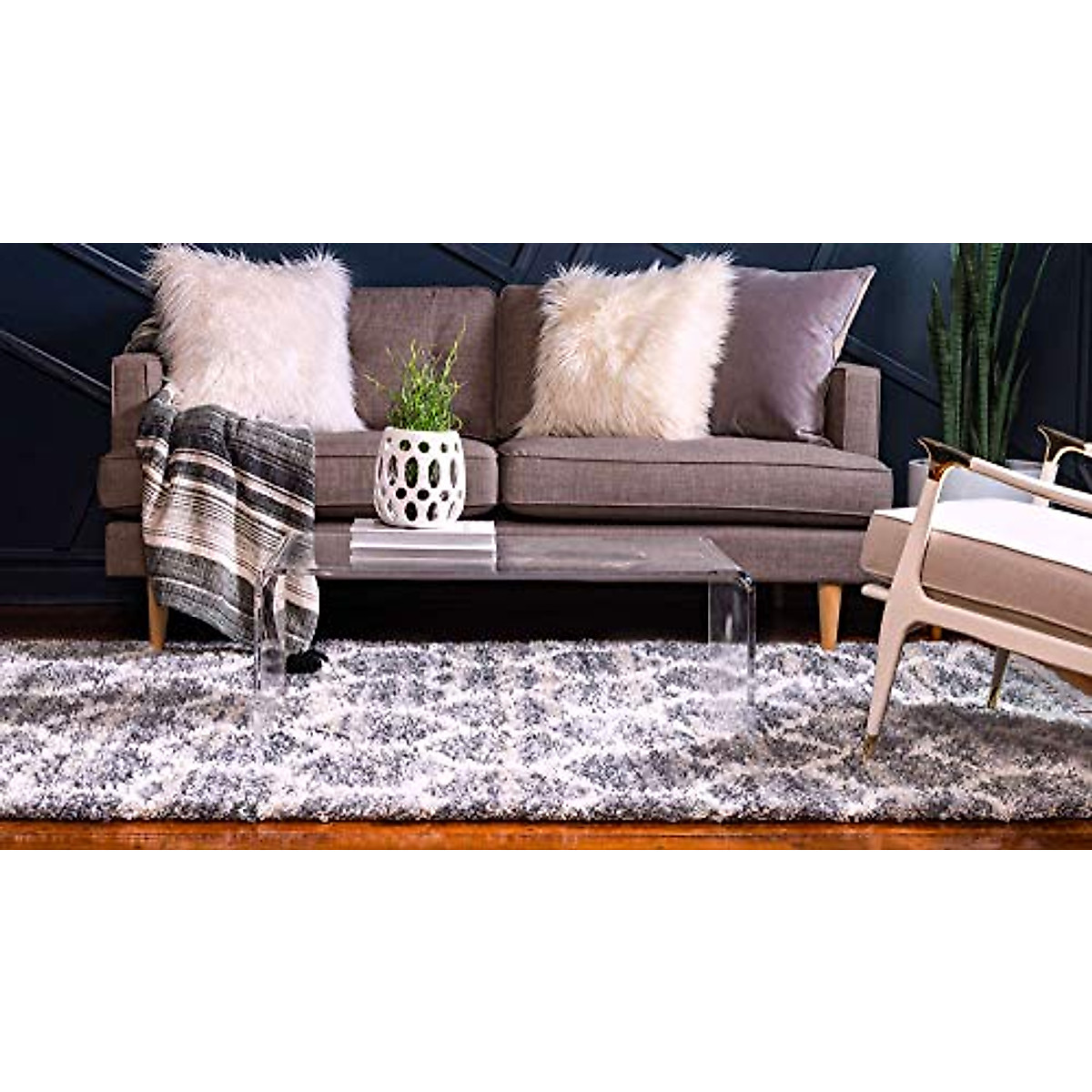 Unique Loom Hygge Shag Collection Modern Moroccan Inspired, Geometric Design, Plush & Cozy Area Rug, 8' 0" x 10' 0", Gray/Ivory