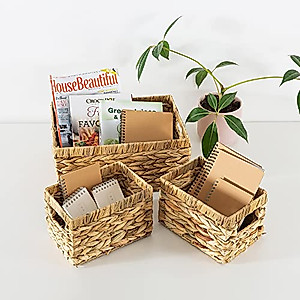 Woven Rectangle Baskets for Organizing Pantry, Kitchen, Mudroom: Rectangular Wicker Storage Produce Baskets with Handle - Little and Low Water Hyacinth Decorative Basket Set - Soul & Lane Brand