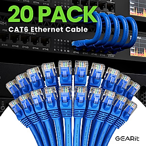 GearIT Cat 6 Ethernet Cable (20-Pack 3 Feet) Cat6 Network Patch, 10Gbps, RJ45, Snagless Cord, Gold-Plated Connectors, Internet for PC, TV, Tablet, Router, Printer, Servers, IT Data Center - Blue