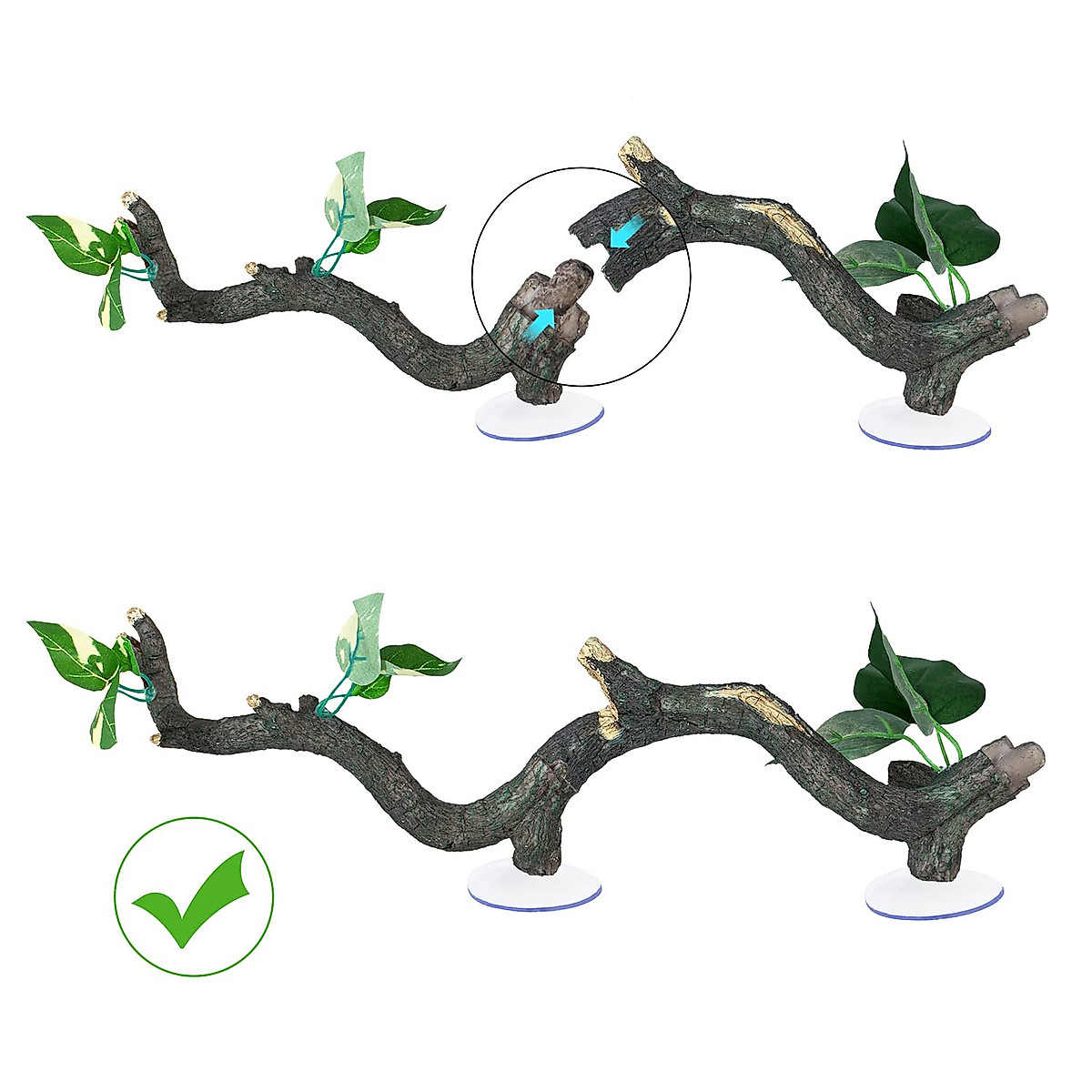 REPTIZOO 3 PCS Reptile Climbing Branch Terrarium Plants Decor with Suction Cup Resin Spliceable Corner Branch for Amphibian Snake Lizards Geckos Habitat Decor