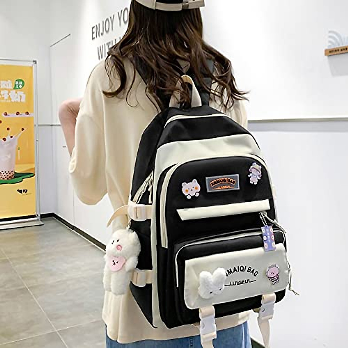 YGYCF Kawaii Backpack 5Pcs Set for Student with Cute Bear Accessories - School Bags for Teen Girls Back to School Supplies Essentials Aesthetic Bookbag, B Black