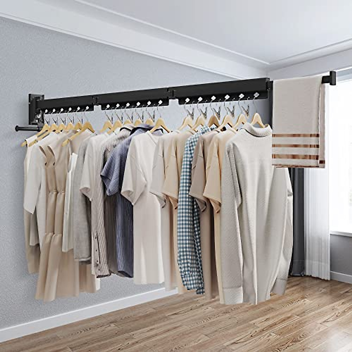 ZdwCyl Wall Mounted Clothes Hanger,Clothes Drying Rack,Laundry Drying Rack,Laundry Rack Wall Mount,Space Saver,Retractable Drying Rack Clothing,Collapsible(Tri-Fold), Windproof Holes,with Clips