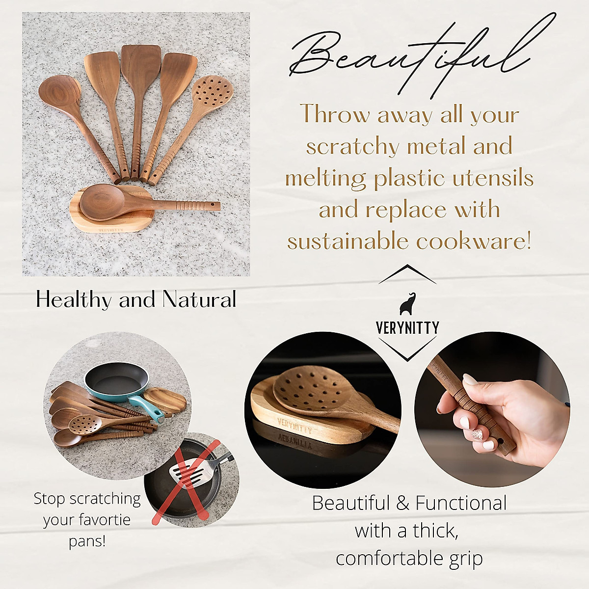 VERY NITTY Very Beautiful Kitchen Utensil Set, 7pc Wooden Cooking Utensils, Spoons and Spatula Set with Spoon Rest. Wood Kitchen Gadgets, Tools and Supplies for Cooking, Baking, Mixing and Salad Bowl