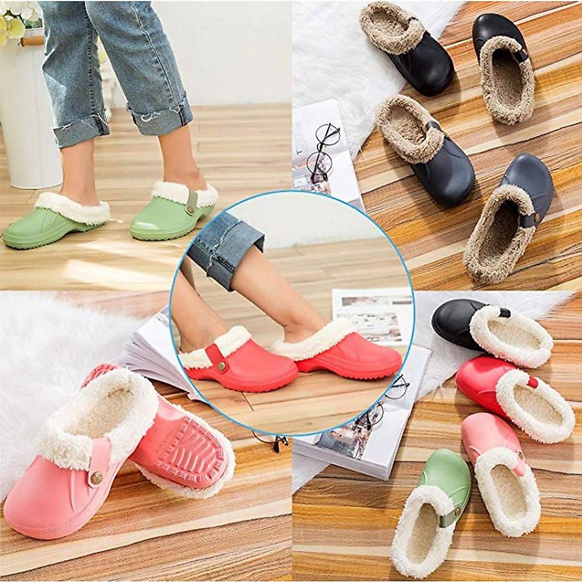 TooTu Waterproof Slippers Women Men Plush Lined Clogs Winter Garden Shoes Warm House Slippers Indoor Outdoor Green