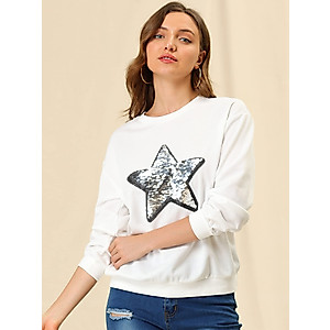 Allegra K Women's Sequin Shiny Star Crew Neck Long Sleeve Sweatshirt Top White Medium