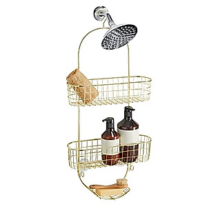 mDesign Steel Metal Curved Bathroom/Shower Caddy, Hanging Storage Organizer for Shampoo and Conditioner Bottles - 2-Tier Rack with Baskets - Holder for Soap, Body Wash, Concerto Collection, Soft Brass