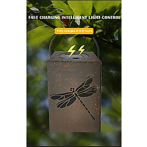 2 Pack Solar Lantern, Outdoor Hollow Dragonfly Hanging Lamp Garden Iron Lawn Projection Lamp, Waterproof Led Flashing Flameless Candlestick Task Lamp, Used for Porch Courtyard Lawn Passage