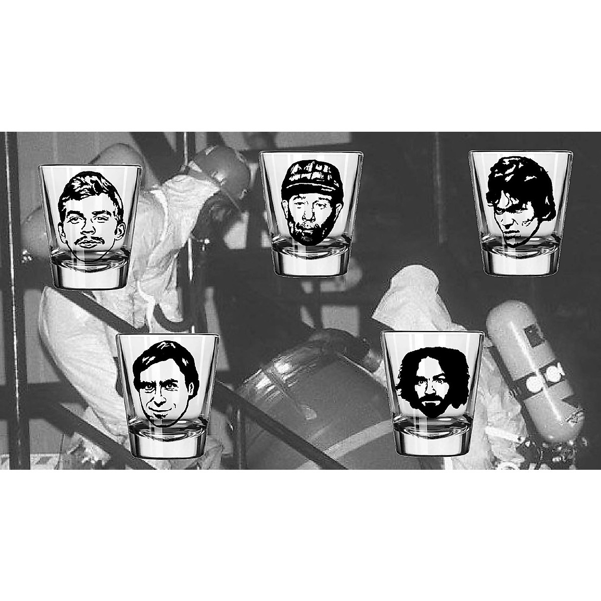 5 Set of Serial Killer Shot Glasses Bundy Manson Ramirez Gein Dahmer