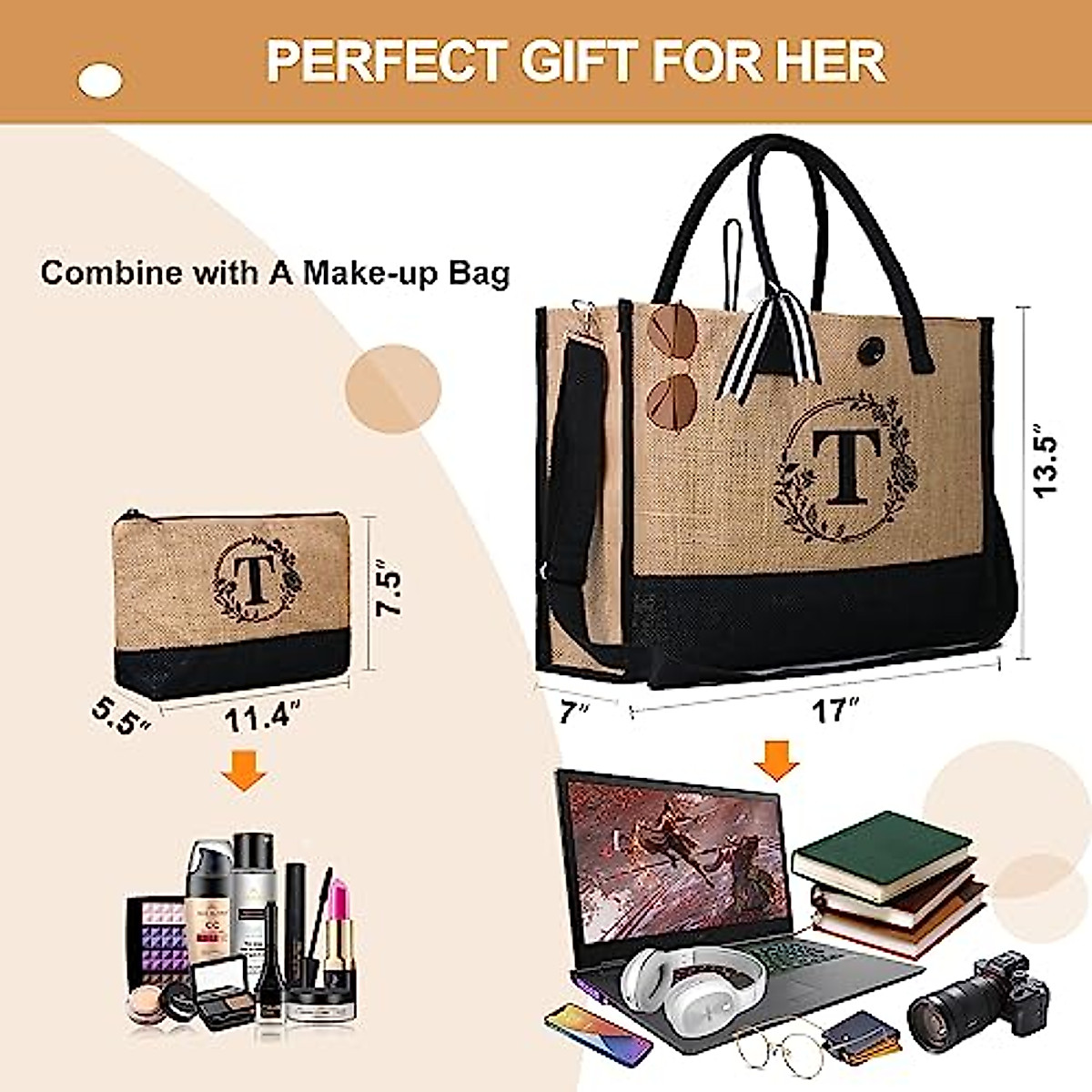 BeeGreen Jute Tote Bag with Makeup Bag - Large Summer Beach Bag with Pocket and Adjustable Strap - Personalized Birthday Gifts for Women, Mom, Teacher, Friends and Her. Embroidery F