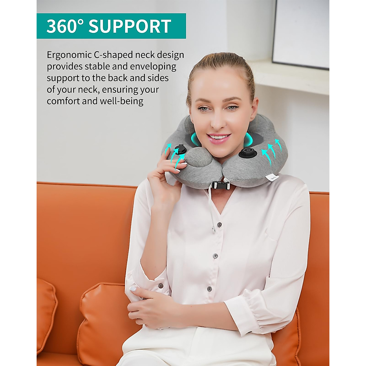 DEMEYATH Inflatable Travel Neck Pillow with Heat,Cordless Rechargeable Neck Pillow for Pain Relief Deep Tissue,Intelligent Portable 3D Shiatsu Kneading Massager for Traveling, Home,Airplane,Office