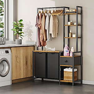 Laundry Hamper with Shelf, 5 Tiers Tall Laundry Basket Sorter with 2 Pull-Out and Removable Bags, Clothes Rack with Laundry Sorter for Laundry Room Bathroom Bedroom, Rustic Brown