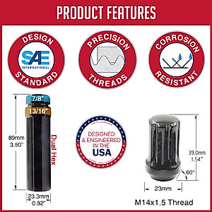 Wheel Accessories Parts 24 Pcs M14x1.5 14x1.5 Thread Short Truck 1.50" Long Lug Nuts Black 7 Spline Fits Jeep Wagoneer Grand Wagoneer 2019+ Ram 1500