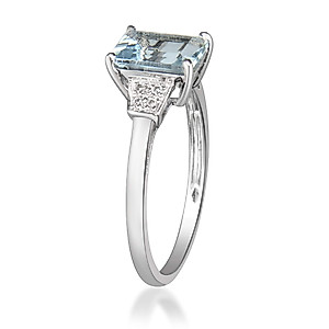 Gin & Grace 10K White Gold Genuine Blue Aquamarine Ring with Diamonds|Ethically, authentically & organically sourced (Emerald-cut) shaped Aquamarine hand-crafted jewelry for her | Aquamarine Ring