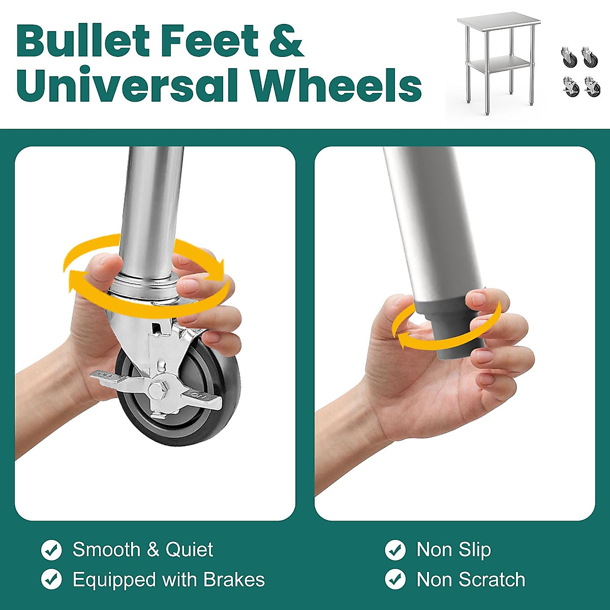 YBLFDY 24x30 Stainless Steel Table with Wheels and Adjustable Feet for Home Kitchen NSF Stainless Steel Prep Table,Metal Table with Undershelf for Garden