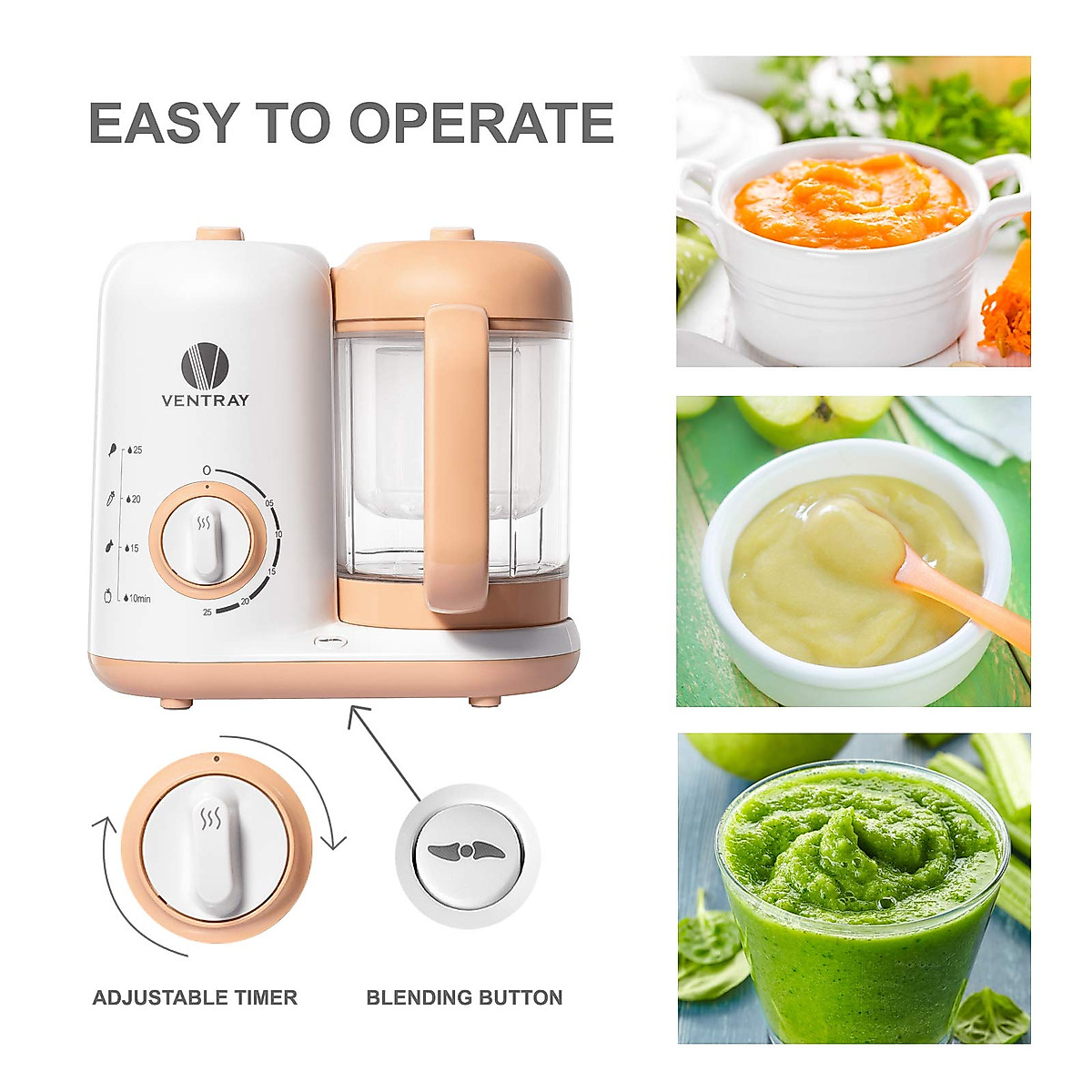 Ventray Baby Food Maker, Puree Food Processor Steamer Blender Cooker Warmer Machine for Toddlers Baby, All-in-one Auto Cooking Easy Clean and BPA-Free - Peach