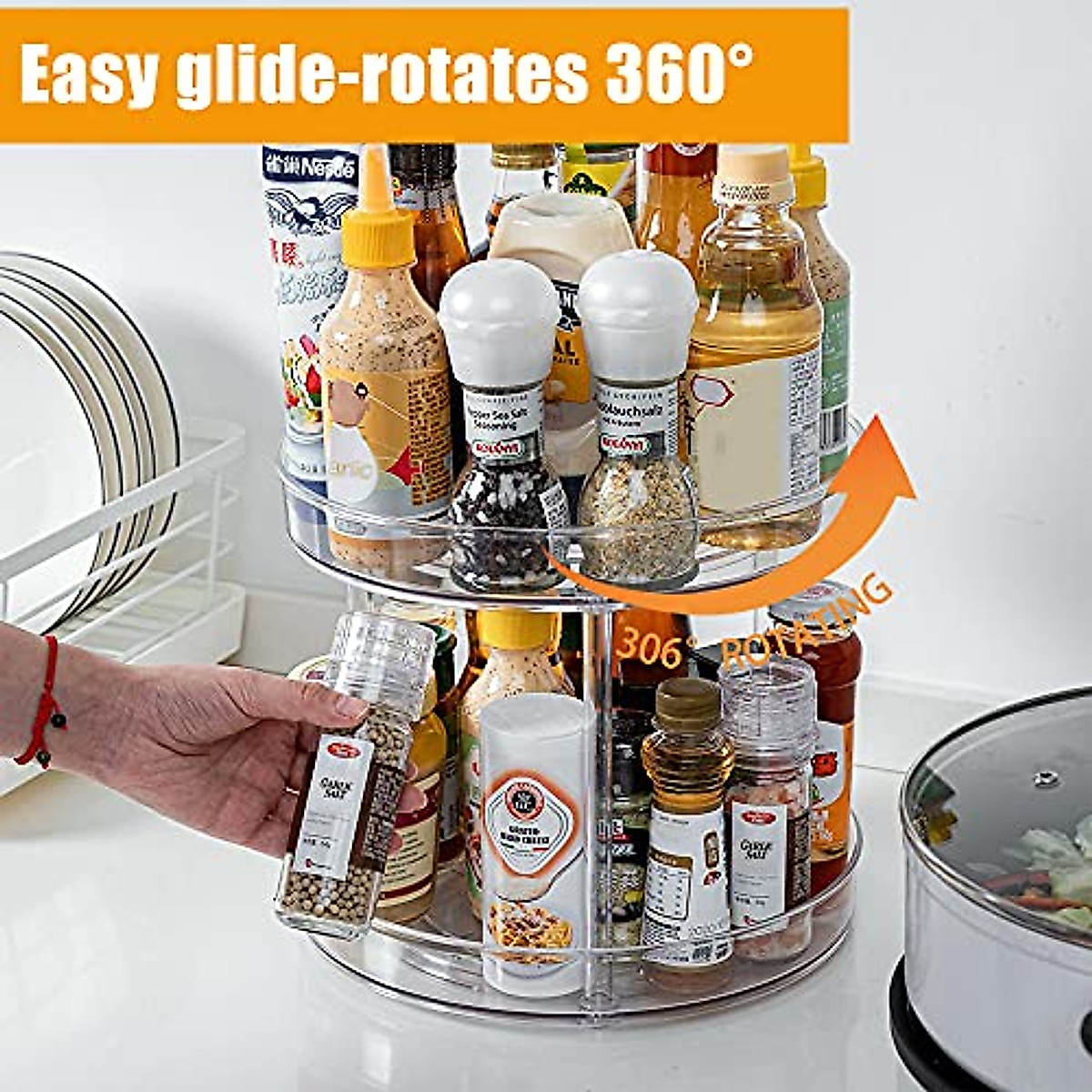 Eeci Lazy Susan Turntable 2-Tier Spice Rack Spinning Cabinet Organizer Rotating Condiment Tray Spinner for Pantry Kitchen Vanity Bathroom Jewelry Container Makeup Holder Cosmetic Storage 9Inch Clear