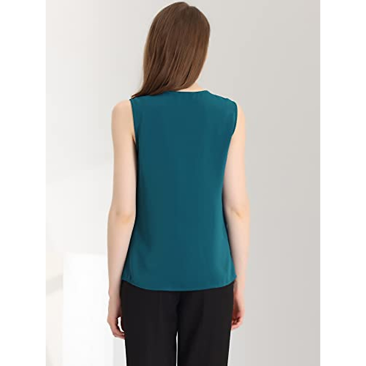 Allegra K Sleeveless Work Top for Women's Elegant Pleated Chiffon V Neck Blouse Shirt Large Peacock Blue