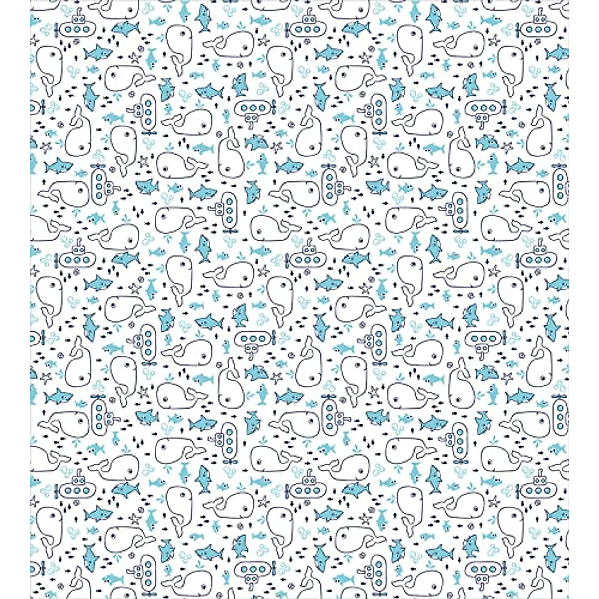 Ambesonne Whales Duvet Cover Sets, Continuous Marine Themed Pattern with Sharks Little Fish and Submarines, Bedding Set with 2 Duvet Covers 4 Pillowcases, 2 Pack Cal King Size, Indigo White Sea Blue