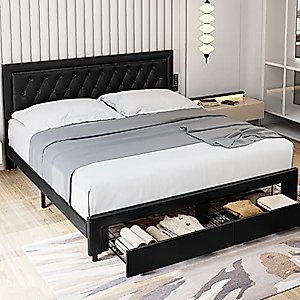King Bed Frame with 2 Storage Drawers, Leather Upholstered Platform Bed Frame with Button Tufted Headboard, Wooden Slats and Adjustable Headboard Mattress Foundation, No Box Spring Needed, Black