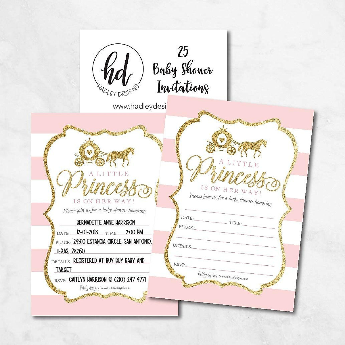 Hadley Designs 25 Little Princess Baby Shower Invitations, 25 Diaper Raffle Tickets for Baby Girl, Pink & Gold Fill or Write in Card, Diaper Raffle Cards