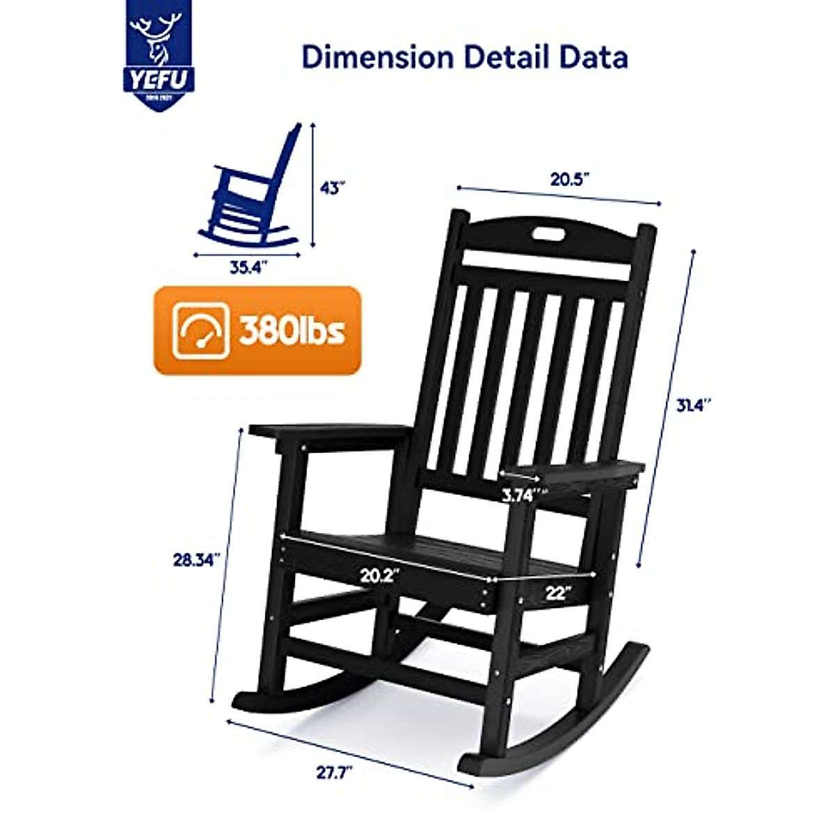 YEFU Outdoor Rocking Chair, Poly Lumber Patio Rocker Chair with High Back, Poly Rocking Chair Look Like Real Wood, Widely Used for Lawn, Porch, Backyard, Indoor and Garden,380lb Heavy Duty(Black)