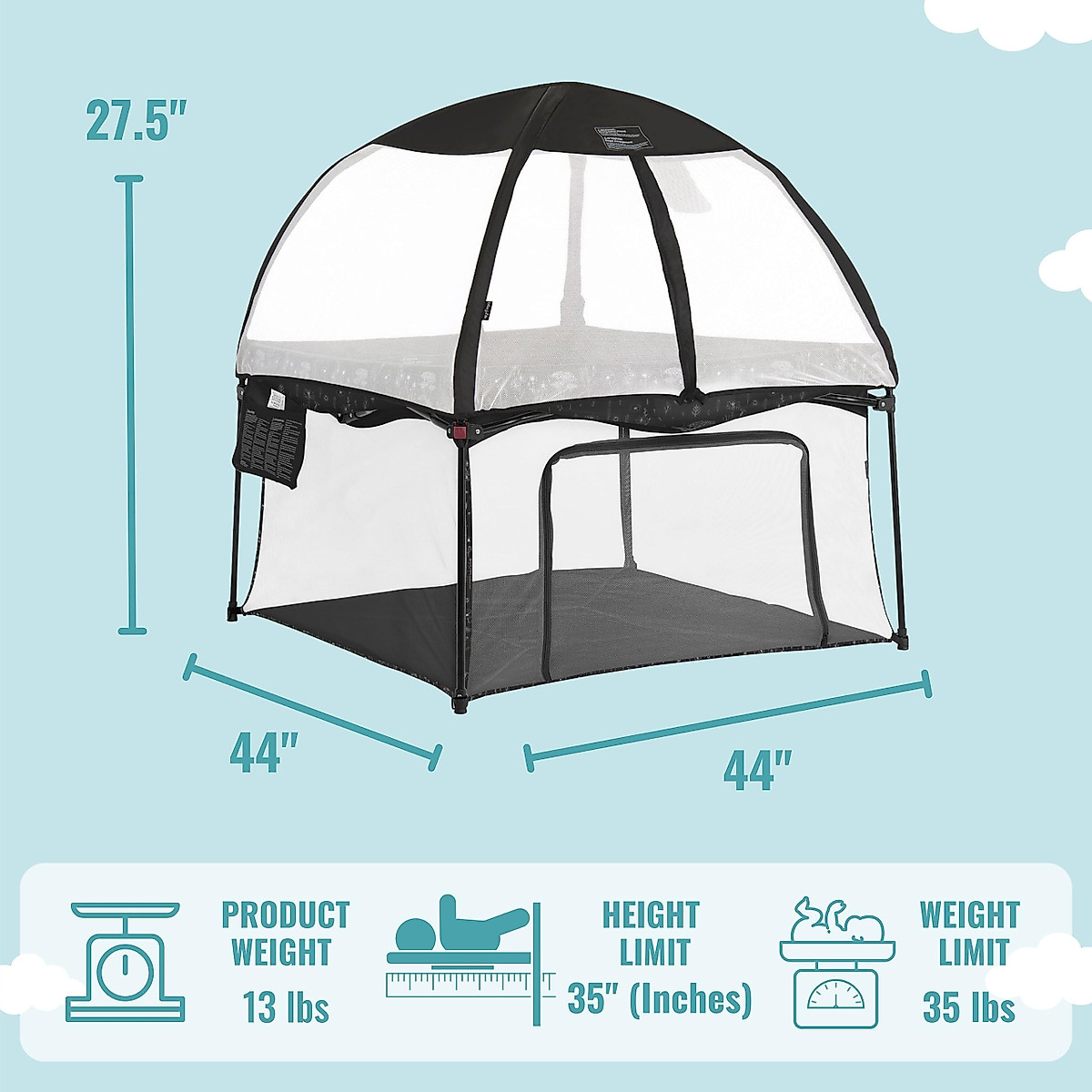 Dream On Me Ziggy Square Playpen with Canopy | Baby Playpen | Portable and Lightweight | Playpen for Babies and Toddler | Black & White